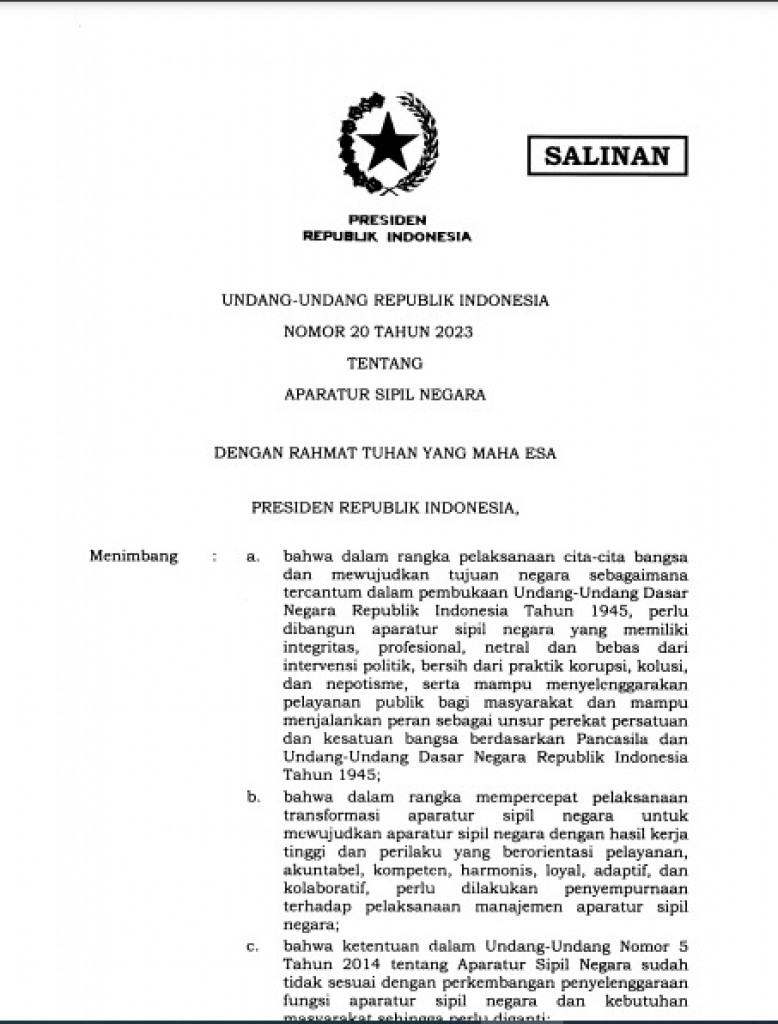 UU RI NOMOR 20 TAHUN 2023 TENTANG APARATUR SIPIL NEGARA | Diskes Badung